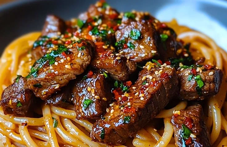 Sweet and Spicy Garlic Steak Pasta